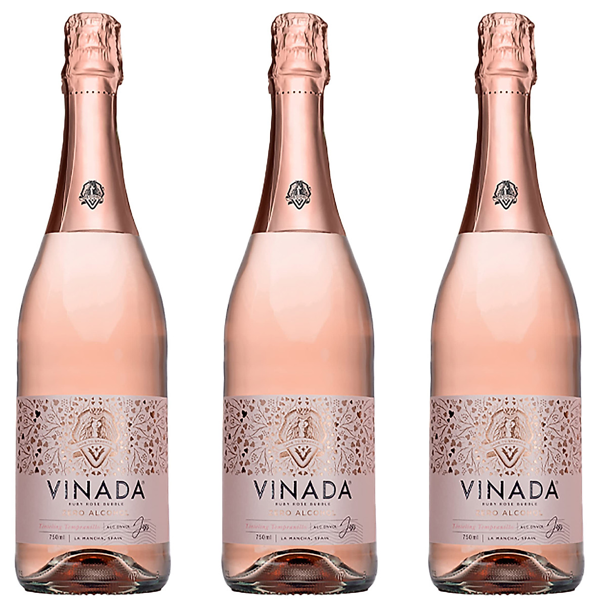 VINADA - Sparkling Rosé - Zero Alcohol Wine - 750 ml (3 Glass Bottles)
