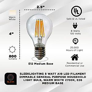 SleekLighting 8 Watt A19 LED Filament Dimmable General Purpose Household Light Bulb, Warm White 2700K, E26 Medium Base 4 PACK (A60)