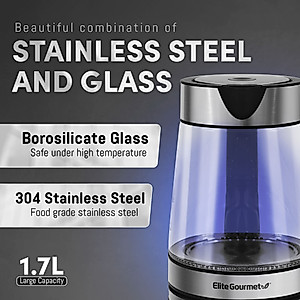 Elite Gourmet EKT602X Glass Electric Tea Kettle Hot Water Heater Boiler BPA-Free with Blue LED Interior, Fast Boil and Auto Shut-Off, Strix Controller, 1.7L, Stainless Steel
