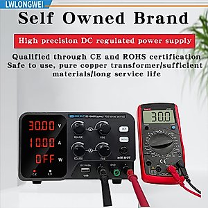 LWLONGWEI DC Power Supply Variable,30V 10A Adjustable Switching Regulated DC Bench Power Supply with 4-Digits LED Power Display 5V/2A USB Output, Coarse and Fine Adjustments Black