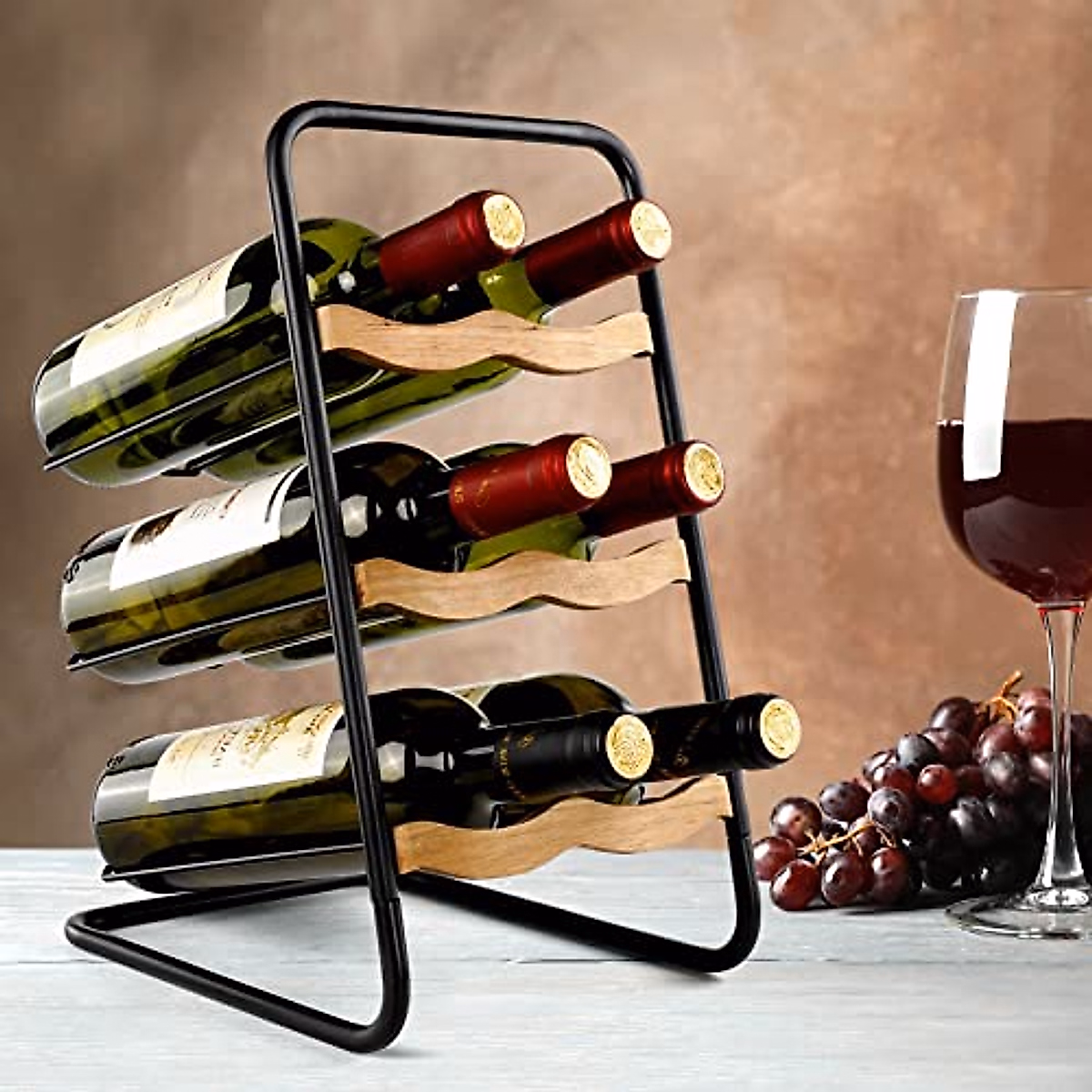 AQAREA Wine Racks Countertop（Iron&Wood） Rustic 3-Tier 6-Wine Bottles Holder Countertop Small Wine Bottle Storage Rack Stand