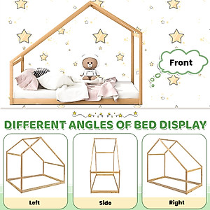 Merax Twin Bed Frames with Roof for Kids Girls Boys, Montessori Wooden House Shaped, Sturdy Framework, Easy Assembly, No Noise
