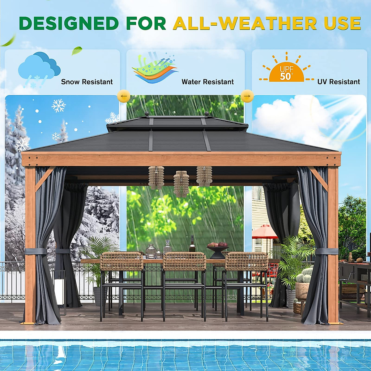 EROMMY 10' x 13' Hardtop Gazebo Outdoor Aluminum Wood Grain Gazebos with Galvanized Steel Roof and Mosquito Net for Patios, Deck,Backyard,Curtains&Netting