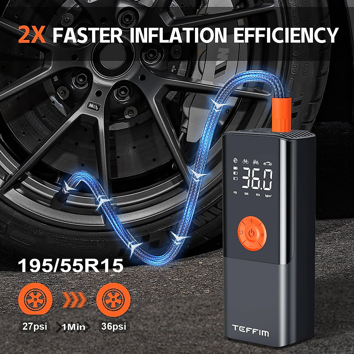 Teffim Tire Inflator Portable Air Compressor with Digital Pressure Gauge, 12V Smart Air Pump for Car Tires, Motorcycle, SUV, Electric Bike, Bicycle, Sports Balls with 10000mAh Battery & LED Light (1)