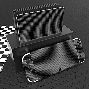 PlayVital Full Set Protective Stickers for Nintendo Switch OLED Model, Customized Vinyl Decal Skins for Switch OLED Console & Joycon & Dock & Grip - Black Silver Carbon Fiber