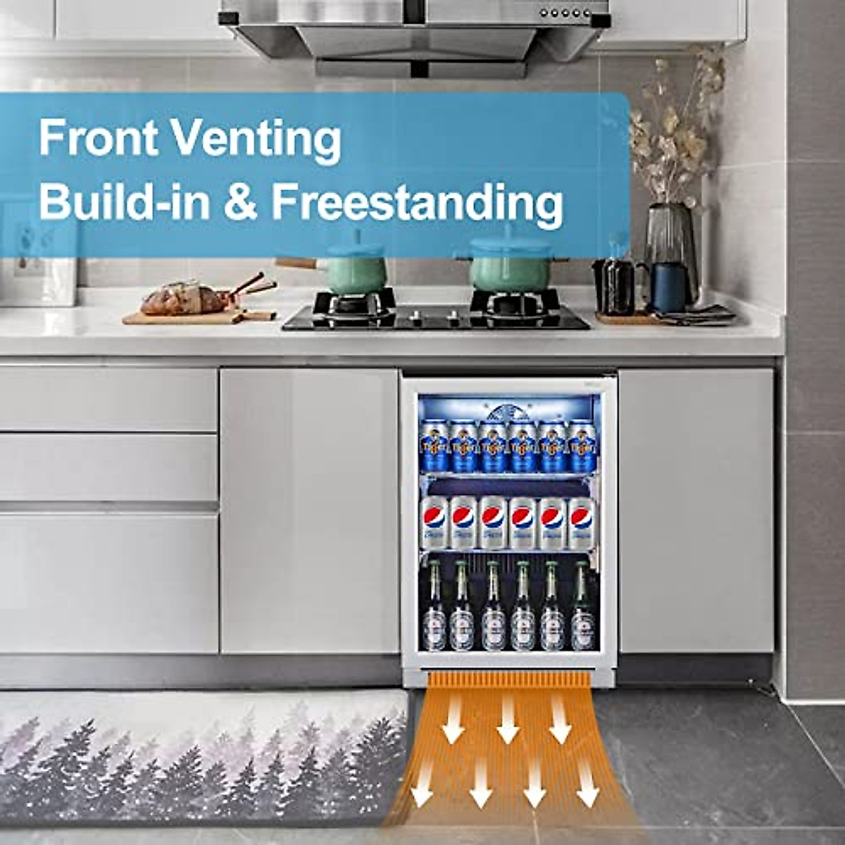 WEILI 20 Inch Beverage Fridge with Glass Door, 120 Can Mini Fridge with Blue LED Light for Soda Beer Wine, 36-50°F Under Counter Refrigerator and Cooler for Home Office Dorm or Bar, Auto Defrost