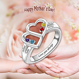 ORFANDE Personalized Mother Rings for Women with 2-8 Simulation Birthstones Custom Heart Birthstone Rings Customize Names Engraved Family Rings for Mothers Day, Brass, Cubic Zirconia