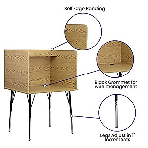 Flash Furniture Study Carrel - Oak Finish with Top Shelf - Height Adjustable Legs - Wire Management Grommet
