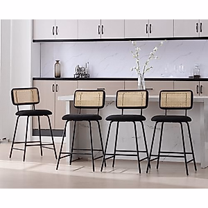 ZSARTS Black Rattan Barstools Set of 2, 26" Boucle Fabric Counter Height Bar Stools with Cane Back, Wicker Bar Chairs for Pub/Kitchen/Home Bar