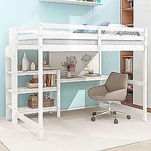 CITYLIGHT Full Size Loft Bed with Desk and Shelves, Wood Full Loft Bed with Desk &Writing Board, Sapce Saving Loft Bed Full for Kids, Boys,Girls,Teens,White