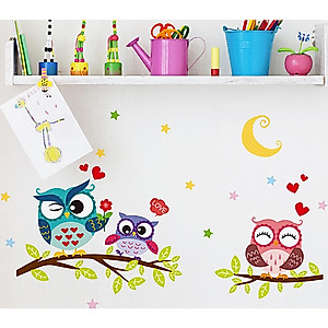 BIBITIME Night Moon Star Sky Wall Sticker Love Family Owls on The Tree Branch Wall Decal for Nursery Bedroom Kids Room Decor,25.19" x 16.92"