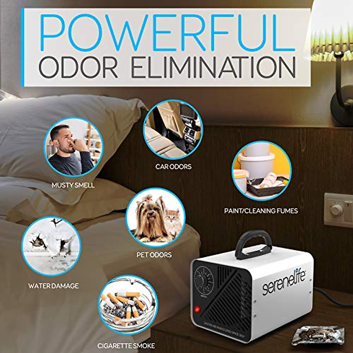 SereneLife 10,000mg/h Compact Ozone Generator - Commercial Ozone Generator Portable Industrial Ozone Deodorizer Sterilizer Odor Eliminator Machine, Up to 2000 Sq Ft Coverage - SLOZOGEN100