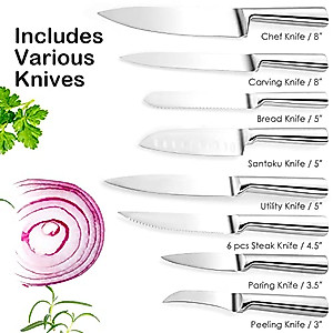 COSTWAY Kitchen Knife Set, with Block, Sharpener & Kitchen Shears,Ultra Sharp Knife Set with Chef Knife, Bread Knife, Santoku Knife, Utility Knife, 6 Steak Knives(16-Pieces, Silver, Brown)