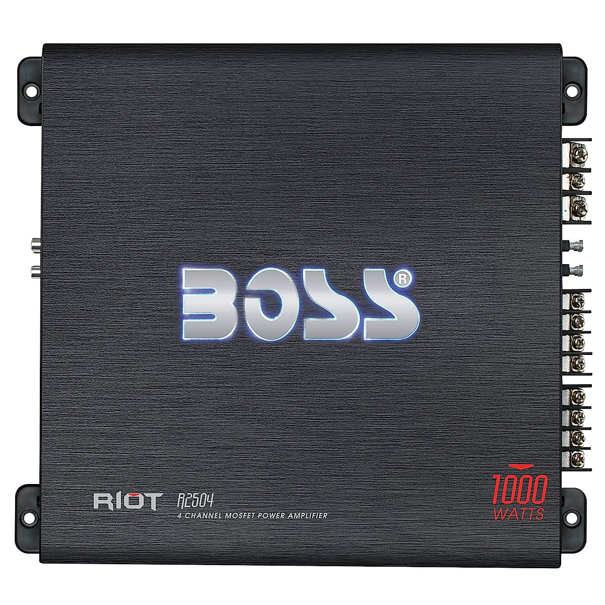 BOSS Audio Systems R2504 Riot Series Car Audio Stereo Subwoofer Amplifier - 1000 High Output, 4 Channel, Class A/B, 2/4 Ohm, High/Low Level Inputs, High/Low Pass Crossover, Bridgeable, Full Range