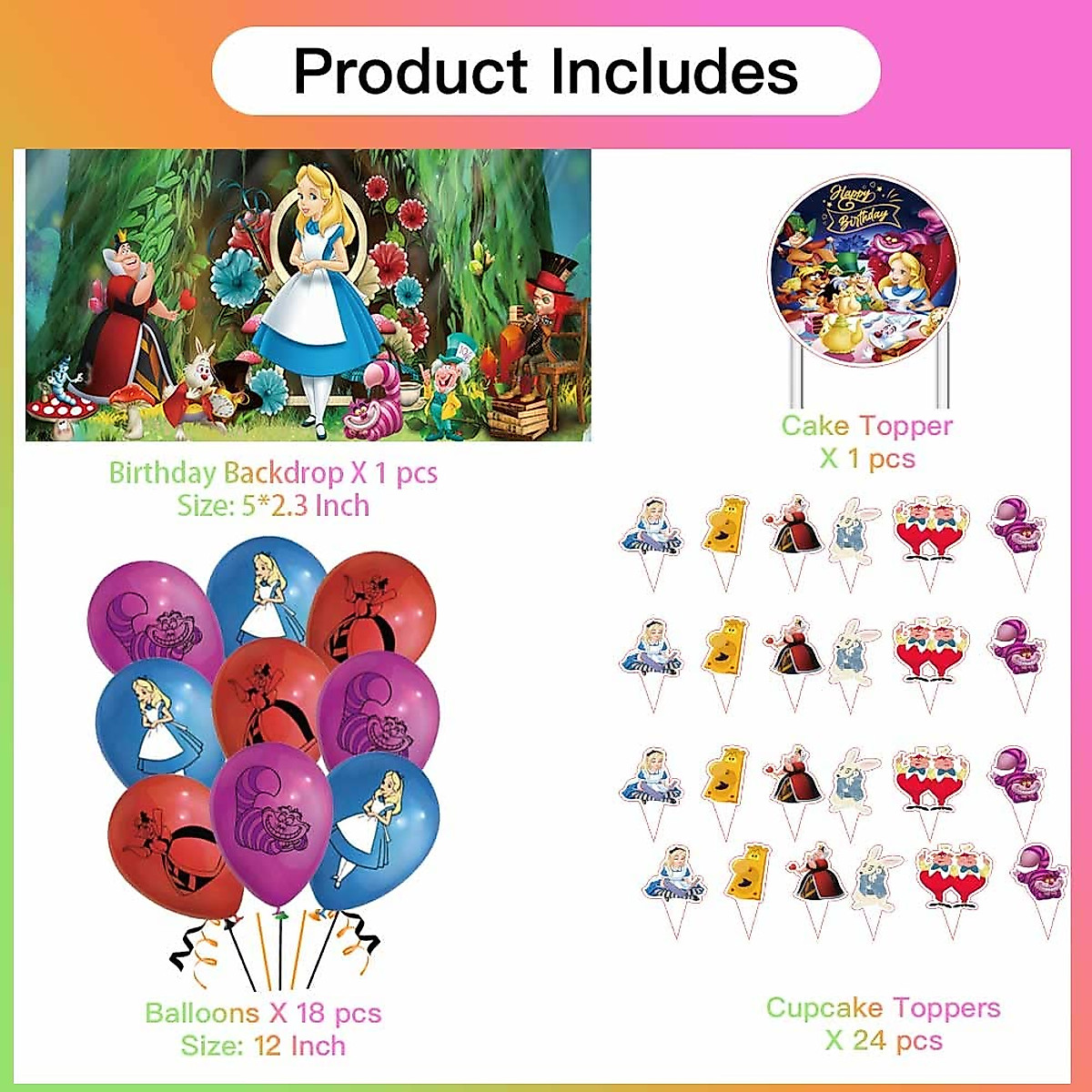 Alice in Wonderland Birthday Party Supplies Decorations Cake Topper Balloons Favors Backdrop Banner Decor