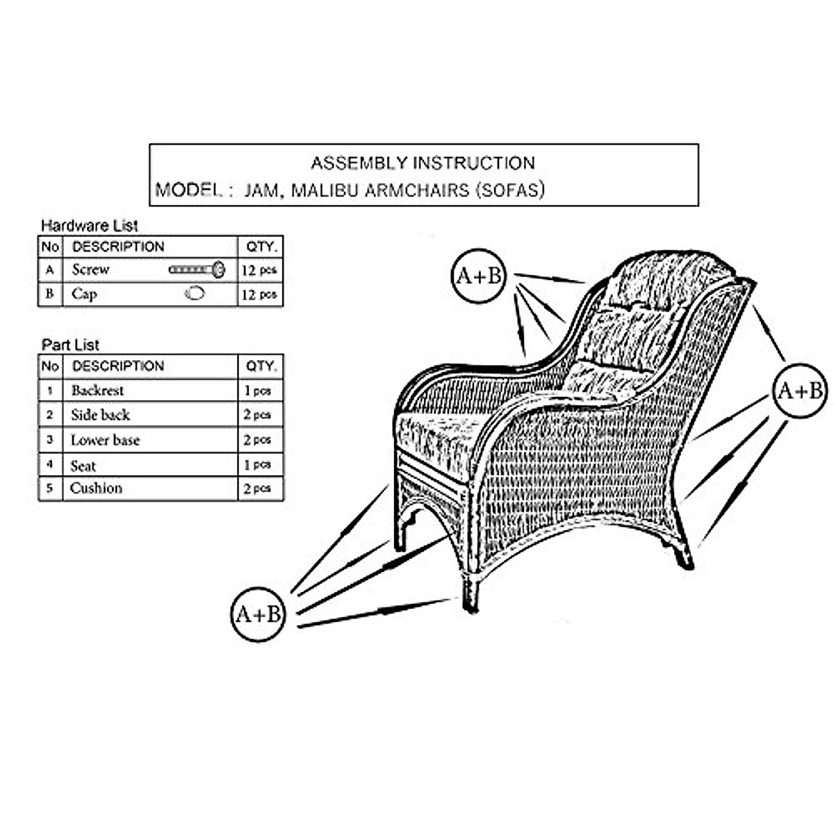 Jam Lounge Living Accent Armchair Natural Rattan Wicker Handmade Design with Cream Cushion, White Wash
