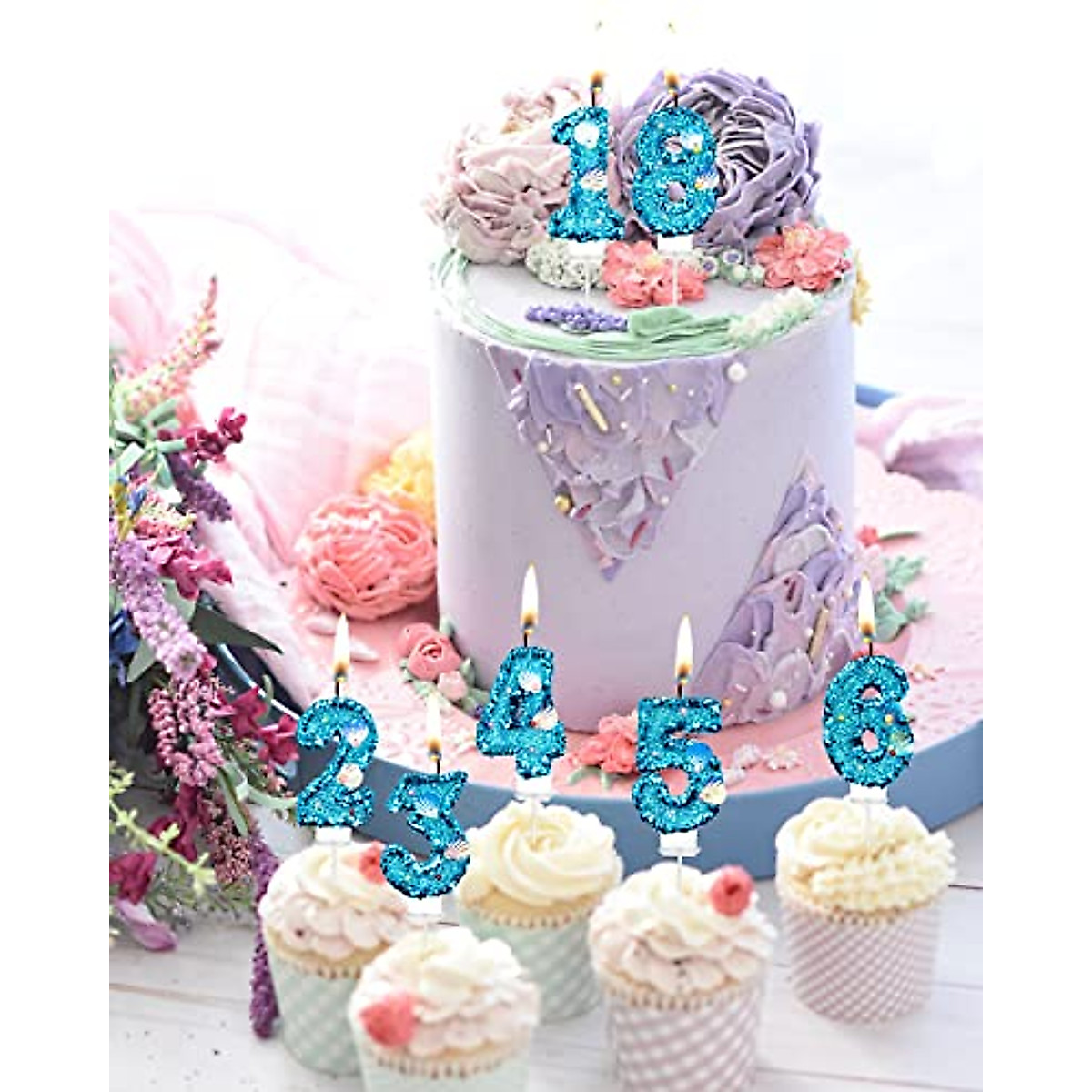 2.8" Birthday Number Candle Glitter Happy Birthday Cake Candles for Birthday Mermaid Themed Party Wedding Anniversary Celebration Supplies（Blue 1）