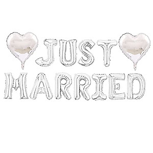 Kunggo Just Married Balloon Banner, 16 inch Quality WeddingBacheloretteBridal ShowerWedding Engagement Party Decors Supplies. (SILVER KIT)