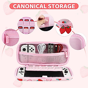FANPL Carrying Case for Nintendo Switch & Switch OLED, Pink Cute Strawberry Travel Hard Protectiv Case for Switch with Adjustable Shoulder Strap, Game Case, Thumb Grips - Super soft plush lining