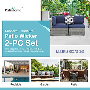 Patiorama 2-Piece Patio Furniture Set, Outdoor Sectional Sofa, All-Weather Grey PE Wicker Rattan Conversation Set,Outdoor Couch Loveseat,Patio Seating for Porch Balcony Garden Pool(Navy Blue Cushion)