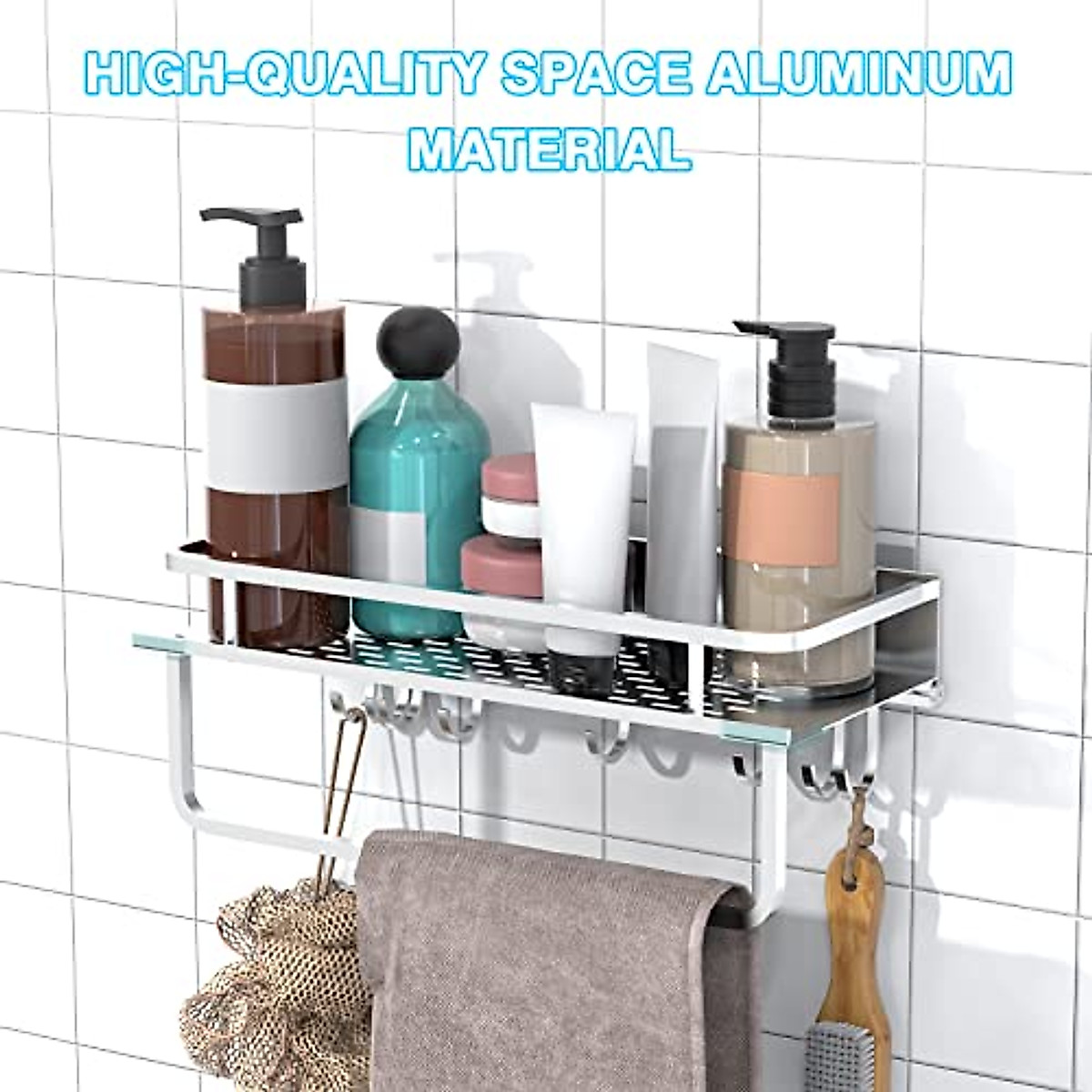 Shower Caddy Bathroom Shower Organizer No Drilling Install with 8 Hooks and Towel Rail Shower Shelf for Inside Shower,Detachable Wall Mounted Shower Shelves for Dorm Bathroom Toilet Kitchen Storage