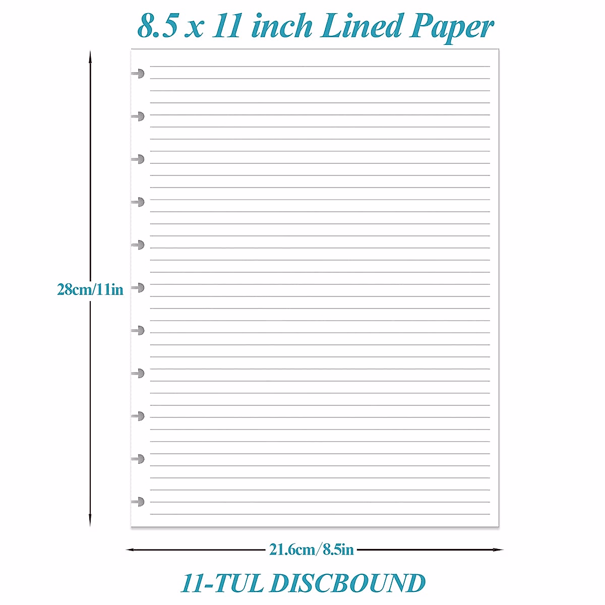 A4 TUL Discbound Lined Refill Paper, 11 Disc Hole Punched Ruled Filler Paper, 100Sheets / 200Pages Loose-Leaf Paper, 100gsm White Paper, 8.5'' x 11''