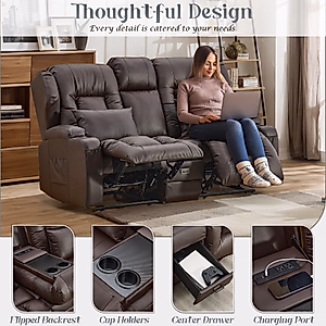 URRED Loveseat Recliner Sofa for Living Room, 67" RV Loveseat Sofa Home Theater Seating with Flipped Backrest Console, Wall Hugger, Hide Storage, Cup Holders (Faux Leather, Brown)