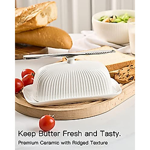 Getstar Butter Dish, Ceramic Butter Dish with Lid and Stainless Steel Knife for Countertop, Fit both West East Coast Butter, with Magnet to Attract Knife