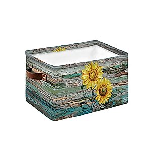 1 PC Large Storage Basket Bins Waterproof Fabric, Turquoise Teal Sunflower Rectangular Storage Box for Shelf Closet Organizer Vintage Wood Grain Newspaper