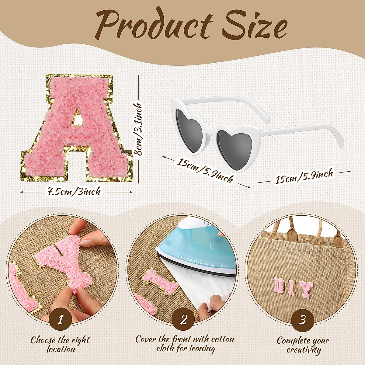 6 Pcs Burlap Jute Tote Bags Bulk Bachelor Party Large Blank Burlap Bags with Handles 6 Pairs Heart Shaped Glasses White Heart Glasses 2 Sets A-z Iron on Letter Patches Glitter Border Repair Patches