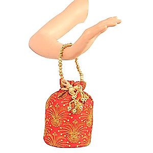 Indtresor beaded handcrafted embroidered evening purse drawstring handbag vintage party wedding gift for women. Red Gold