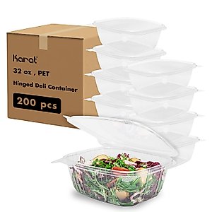 Karat 200 Count Clear PET Hinged Deli Take Out Containers - 32 oz Plastic Clamshell Food Containers, Disposable Square to Go Boxes, Ideal for Pasta Salads, Fruit, Deli Sides and More, FP-HDC32
