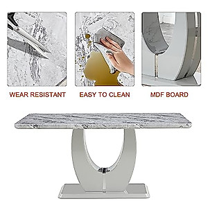 JUFU Modern Dining Table Set for 6,Rectangula Kitchen Table Set with Faux Marble Tabletop＆6 Pu Leather Upholstered Chairs Ideal for Dining Room, Kitchen