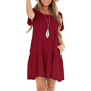 Padaleks Women's Summer Short Sleeve Tunic Dress O Neck Solid Casual Flowy Pleated Loose Mini Dresses w/Pockets