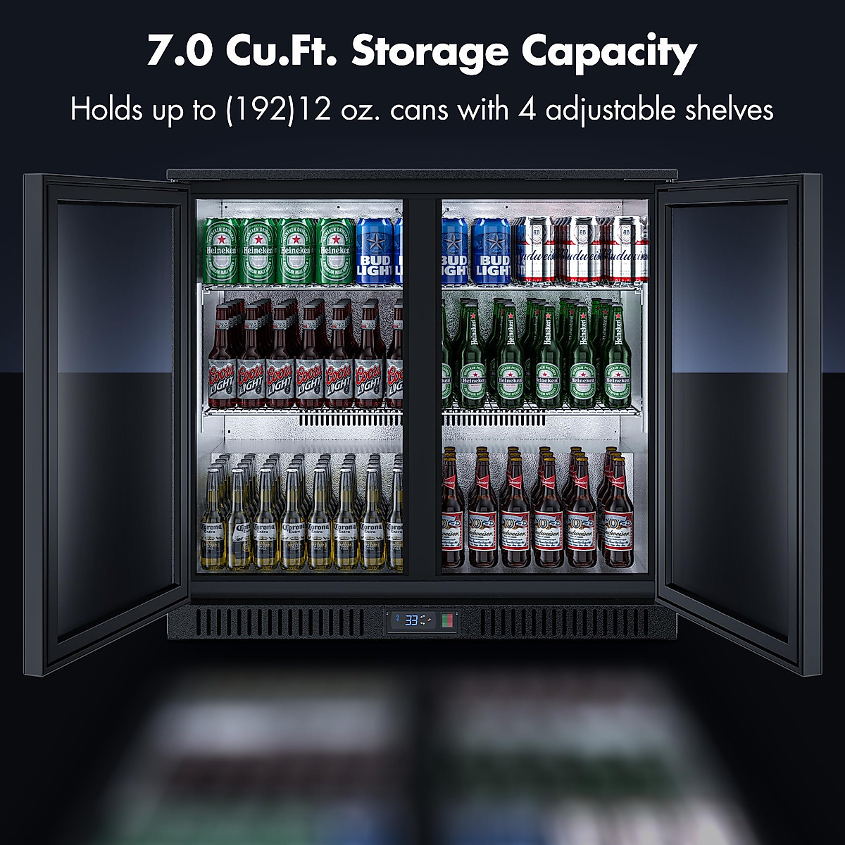 Coolski Back Bar Cooler Commercial Undercounter Refrigerator with 2 Glass Door, Bar Beverage Refrigerator for Beer Soda Wine 7.0 Cu.Ft. Capacity LED Lighting ETL NSF Approved, Black