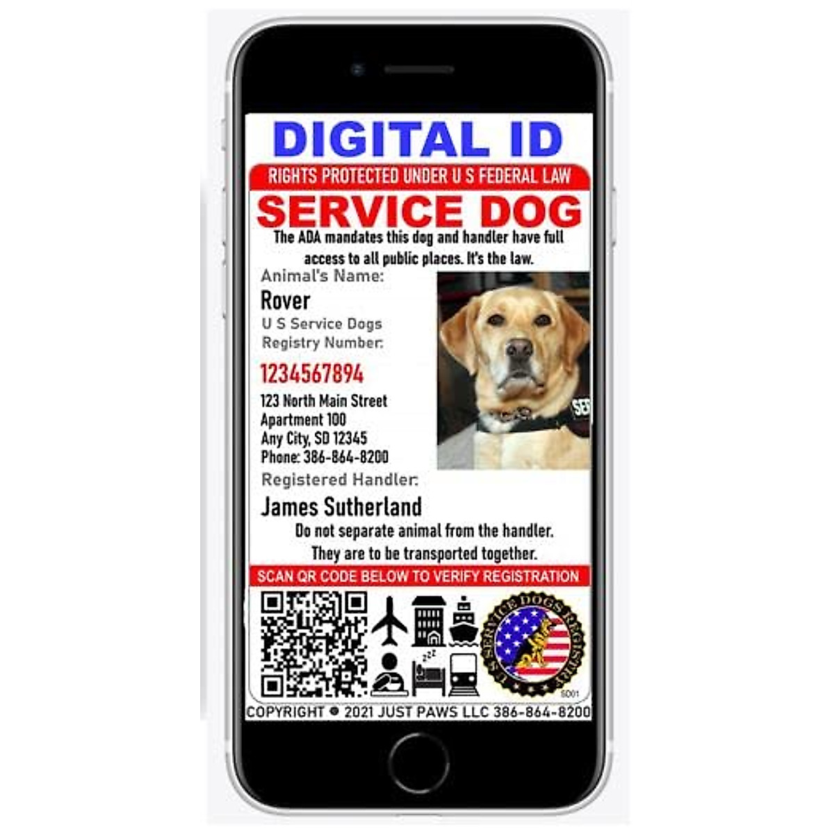 Just 4 Paws Custom Service Dog ID Card with QR Code & Security Seal and Optional Holograph | Registration to U S Service Dogs Registry Plus ID Holder & Digital ID - Portrait Style