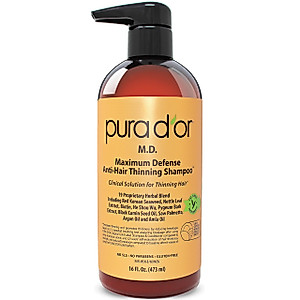 PURA D'OR 16 Oz MD Anti-Hair Thinning Maximum Defense Shampoo - 0.5% Coal Tar, Biotin, 19+ DHT Herbal Blend For Dry & Itchy Scalp, No Sulfates - For Men & Women