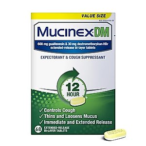 Mucinex DM 12Hr Chest Congestion & Cough Medicine For Adults, Cold And Cough Medicine for Excess Mucus Relief, 600 mg Guaifenesin & 30 mg Dextromethorphan HBr, 68 Bi-Layer Tablets