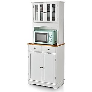 Giantex Kitchen Pantry, 67" Buffet Hutch Cabinet with 2 Storage Cabinets and Drawers, Wood Sideboard Cupboard with Countertop & Cable Hole, Freestanding Microwave Stand with Storage, White