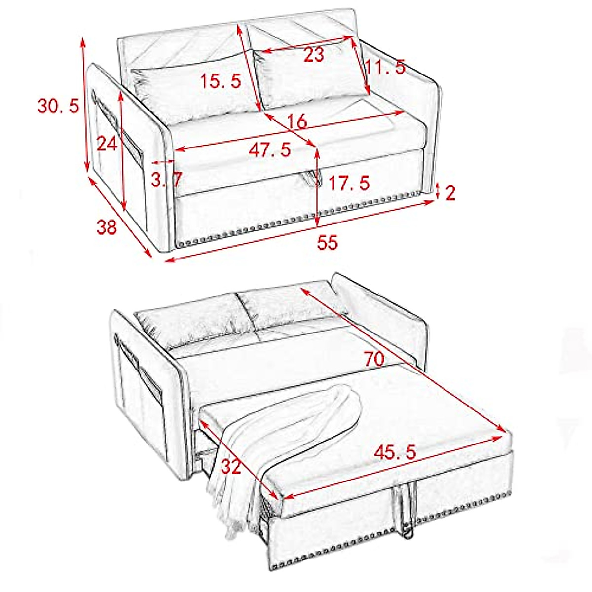 Holaki Convertible Velvet Sleeper Sofa Bed, 55" Velvet Loveseat Sofa with USB Charging Port,Modern Pull Out Sofa Bed with Adjustable Backrest,2 Pillows and Storage Side Pocket for Home Office(Black)