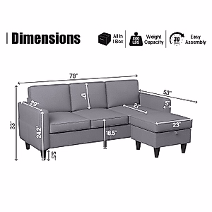 Light Grey Convertible Sectional Sofa Couch,3-Seat L-Shaped Sofa with Reversible Storage Ottoman and Pockets,Modern Linen Fabric Upholstered Sofa Furniture Sets for Living Room Small Space Apartment