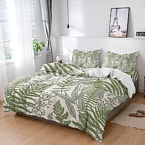 Duvet Cover Set Twin Size, Vintage Fern Herbs Botanical Leaf 4 Pieces Bedding Sets,Soft Microfiber Quilt Cover Flat Sheet Pillow Shams, Green Wild Plant Leaves Breathable Bed Sheets for All Season