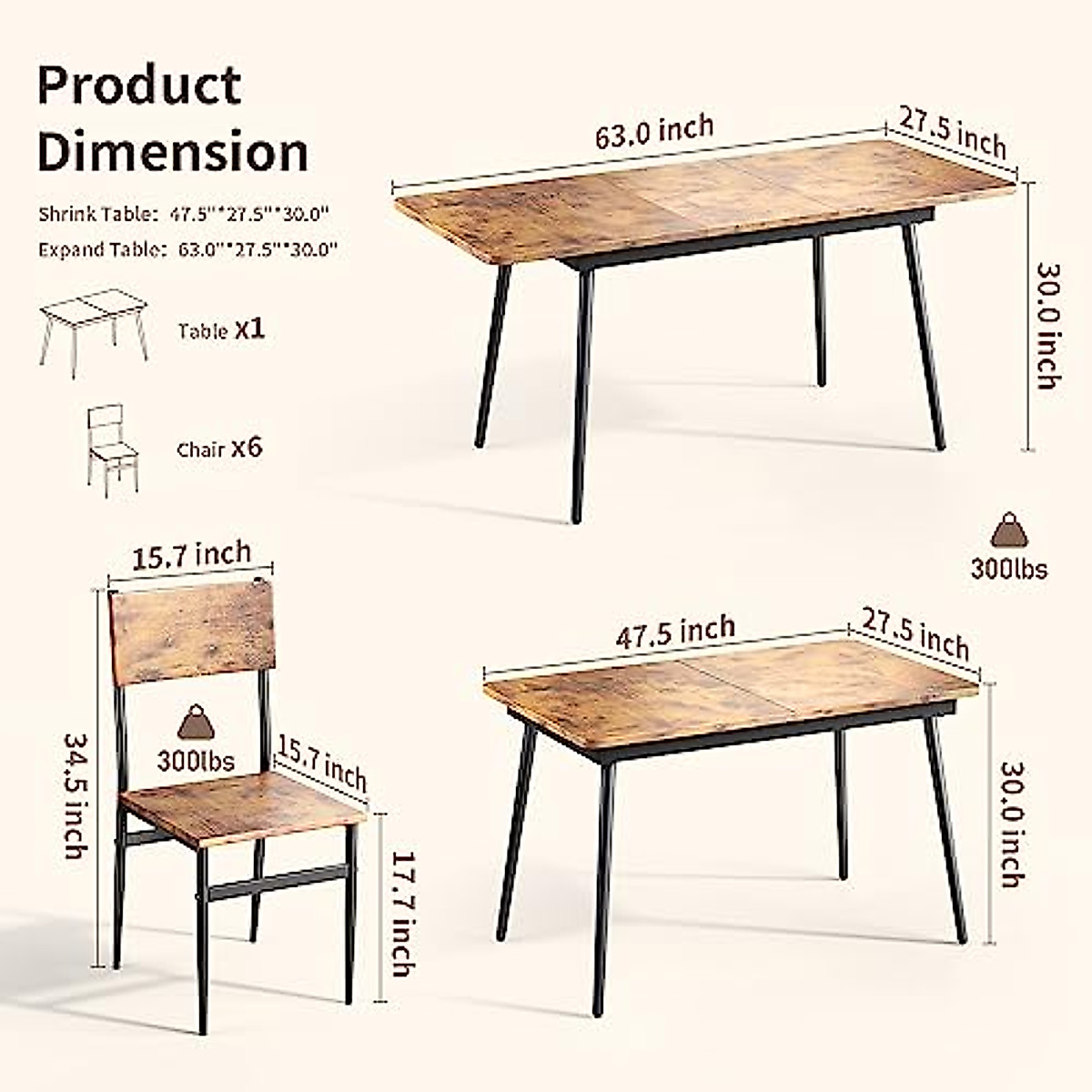 Qsun 7-Piece 63" Dining Table Set for 4-6 People, Extendable Kitchen Table Set with 6 Chairs, Dining Room Table with Metal Frame and Solid MDF Wood Board for Kitchen, Rustic Brown