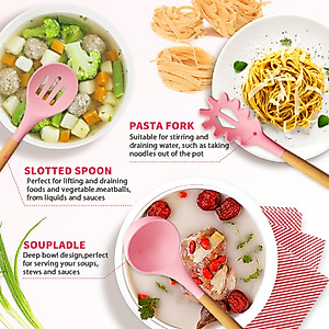 Caliamary Silicone Kitchen Utensil Set, 11 Pieces Cooking Utensil with Wooden Handles, Utensil Holder for Nonstick Cookware, Spoon, Soup Ladle, Slotted Turner, Whisk, Tongs, Brush, Pasta Server (Pink)