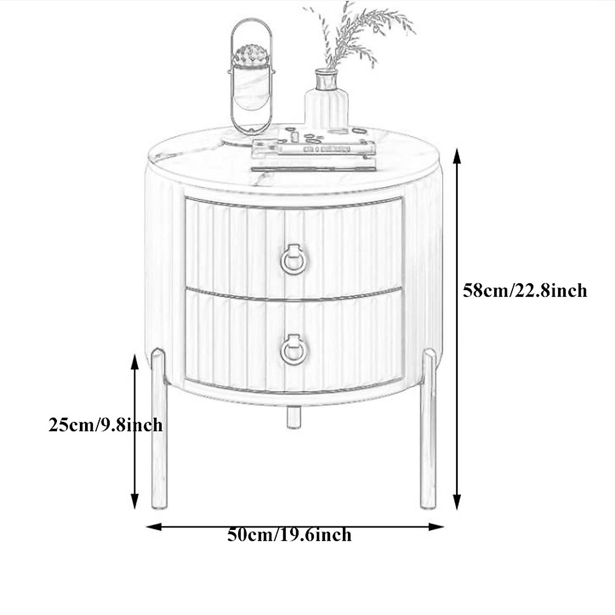 Mobile Side Table Small Side Table with 2 Drawers, Bedside Furniture, Night Stand, End Table with Gold Frame for Bedroom,Living Room, Round Coffee Table Cocktail Table Sofa End Table ( Color : Gold )