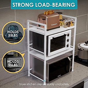 DOLALIKE Microwave Oven Rack, Expandable Microwave Stand Countertop Kitchen Utensils Tableware Storage, Carbon Steel Over Microwave Shelf Countertop 3 Tier with 3 Hooks