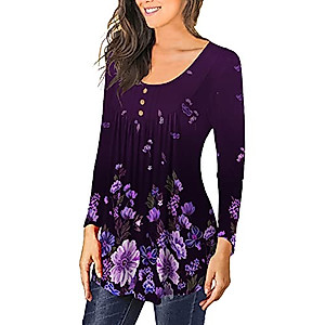 BeadChica Women's Casual Tunic Tops To Wear With Leggings Long Sleeve Floral Henley Blouses Botton Up Shirts-Print-L