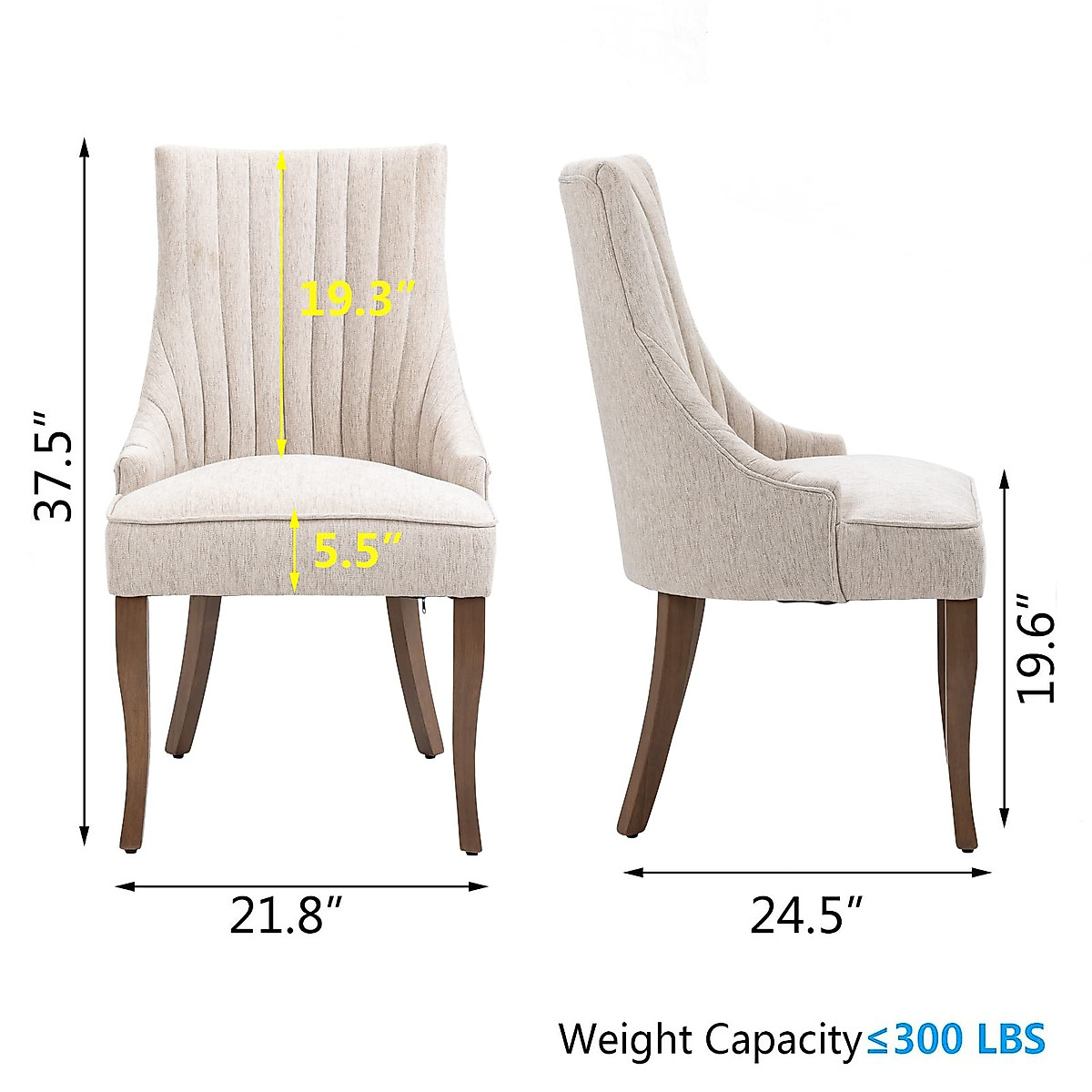 mikibama Linen Dining Chairs Set of 2 Channel Tufted Kitchen Dinner Chair Comfy Fabric Upholstered Accent Chair for Dining Room with Solid Wood Legs (Beige)