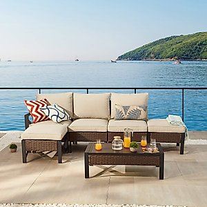Festival Depot 6 Pieces Patio Outdoor Furniture Conversation Set Sectional Corner Sofa with All-Weather Brown PE Wicker Back Chair, Coffee Table, Ottoman and Thick Soft Removable Couch Cushions
