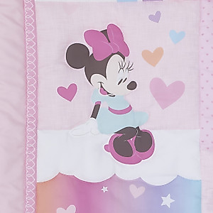 Disney Minnie Mouse Be Happy Pink Rainbow, Stars, and Clouds 3 Piece Nursery Mini Crib Bedding Set - Comforter and Two Fitted Mini Crib Sheets